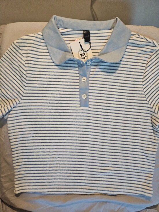 Cider | Tops | Cider Nwt Baby Blue Striped Terry Cloth Crop Polo Shirt ...